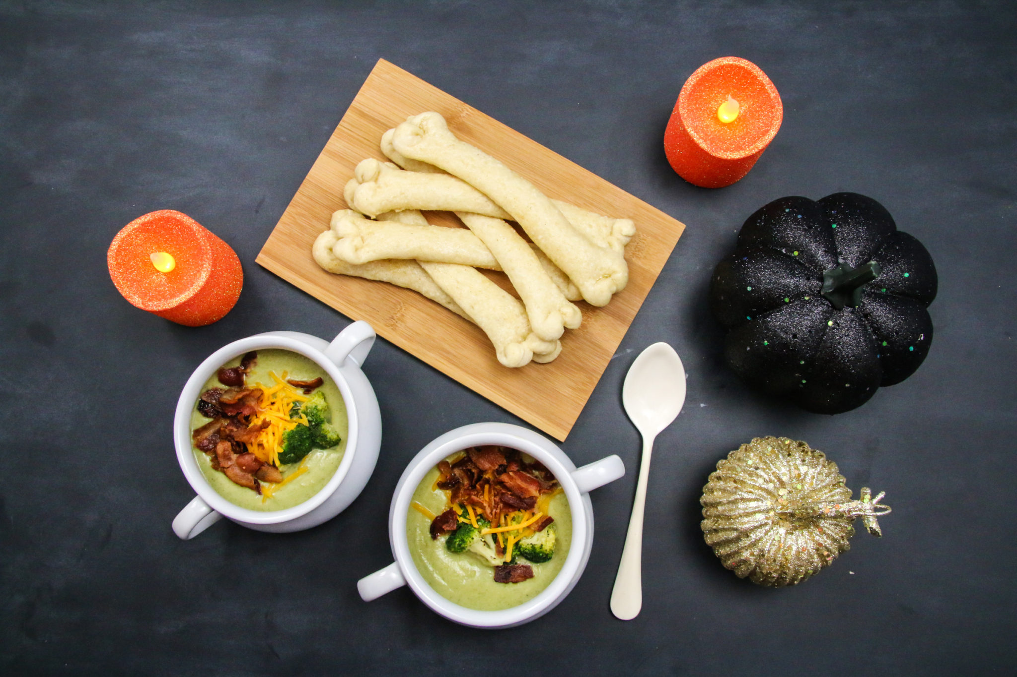 Cream of Broccoli Witches’ Brew Soup with Bone Breadsticks – Chef Julie ...